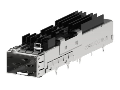 SFP-DD 1-by-1 Cage Assembly with SUS Spring Fingers, PCI Fin Heat Sink, No Rear Legs, Dual Light Pipes, with Press-Fit Pins