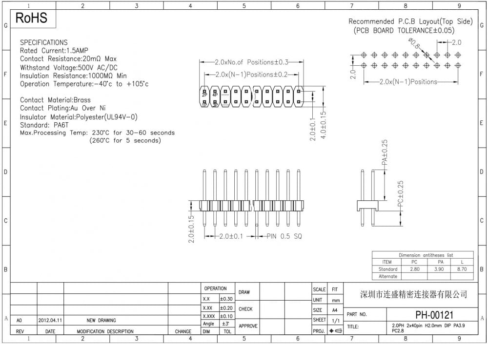 Liansheng PH-00121 technical drawing and recommended PCB layout