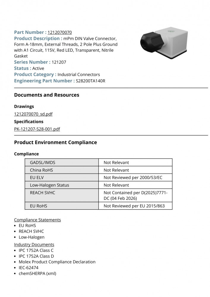 Molex S28 DIN valve connector packaging specification, page image 1