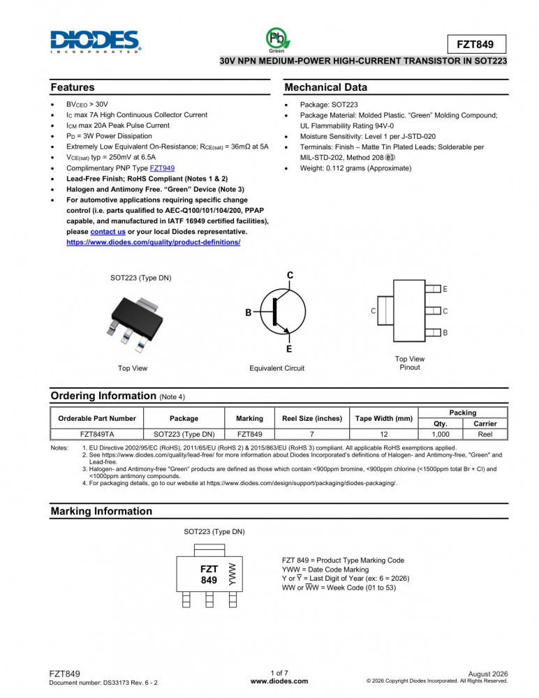 FZT849TA datasheet page 1