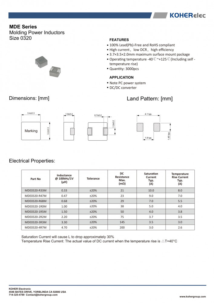 KOHERelec MDE series molded power inductor datasheet page