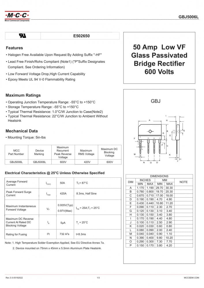 GBJ5006L-BP datasheet page 1