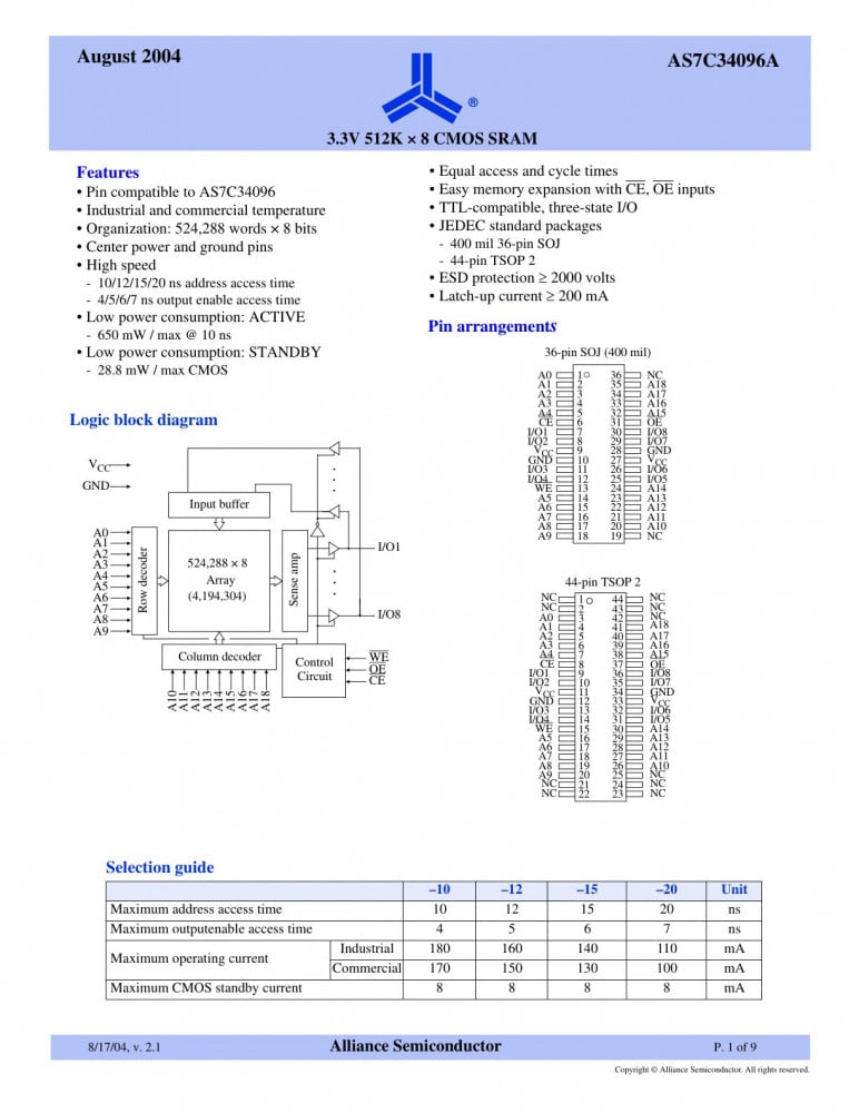 AS7C34096A datasheet page 1