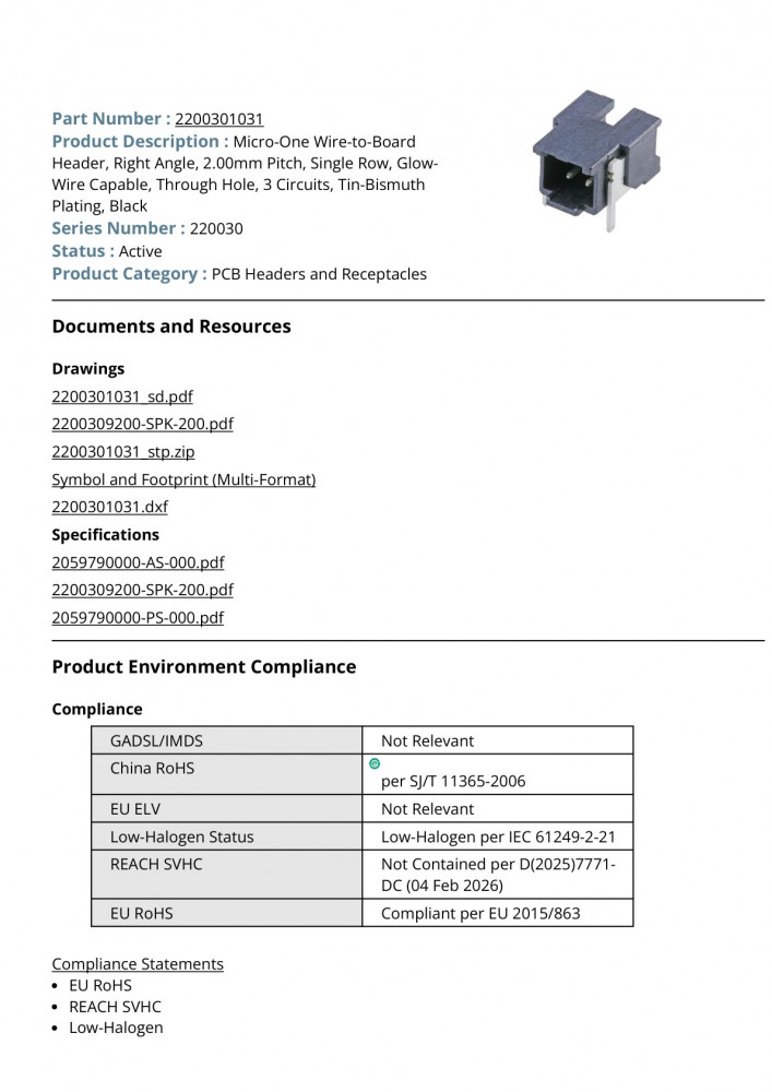 MOLEX 2200301031 document preview, page 1