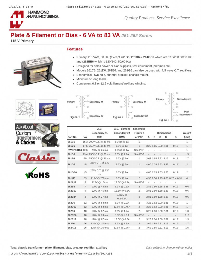 Hammond 261-262 Series technical document page 1