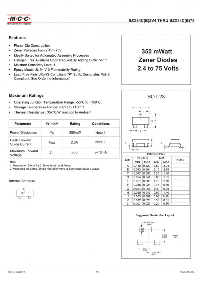 MCC BZX84C16 datasheet page 1