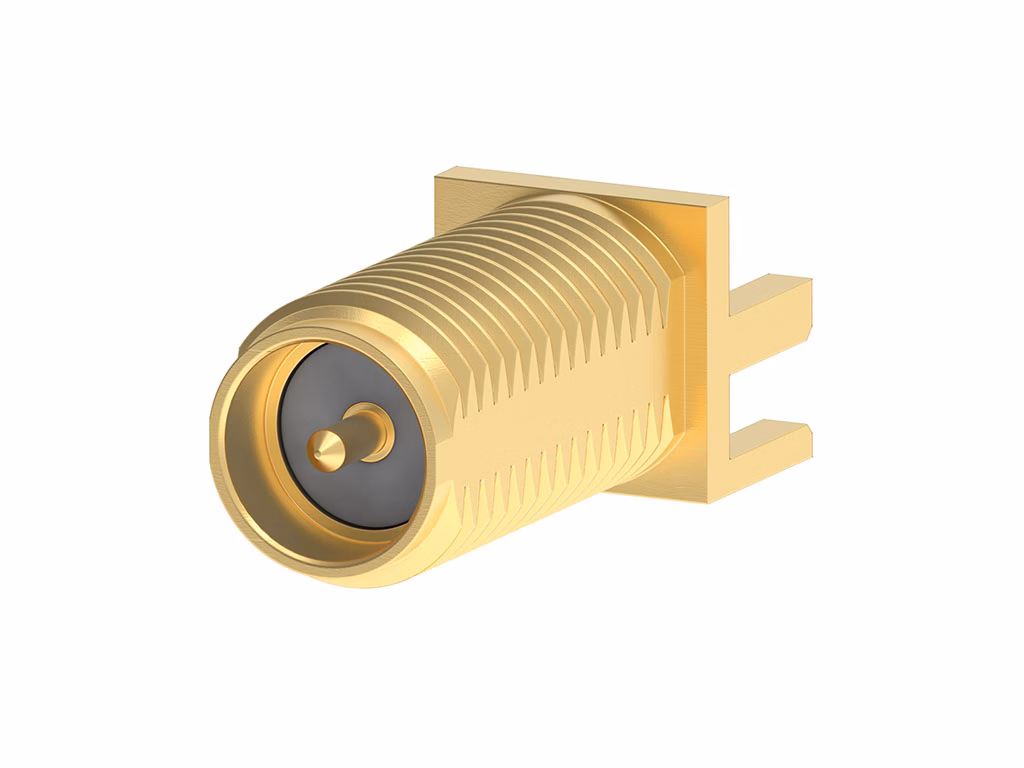 SMA Jack, Reverse Polarity, Straight, Bulkhead Receptacle, PCB, Edge Mount, Brass Body, Gold (Au) Plated, Nut and Lockwasher Included, Tray, 50 Ohms