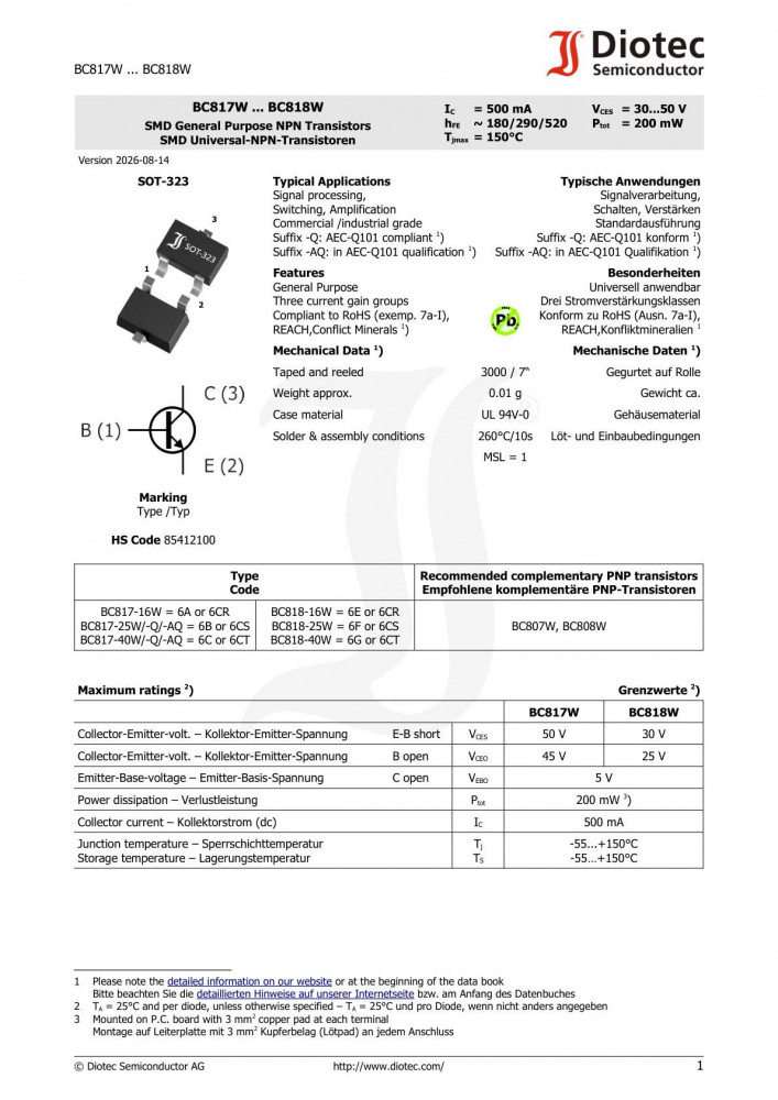 BC817W and BC818W datasheet page 1