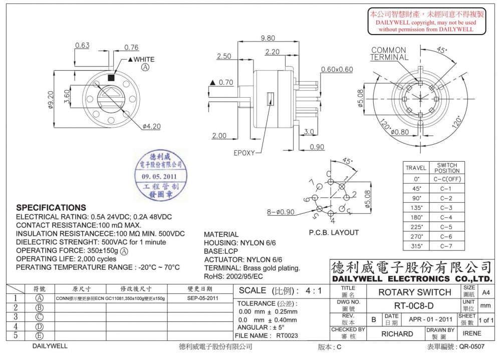 Dailywell RT-0C8-D technical drawing page 1