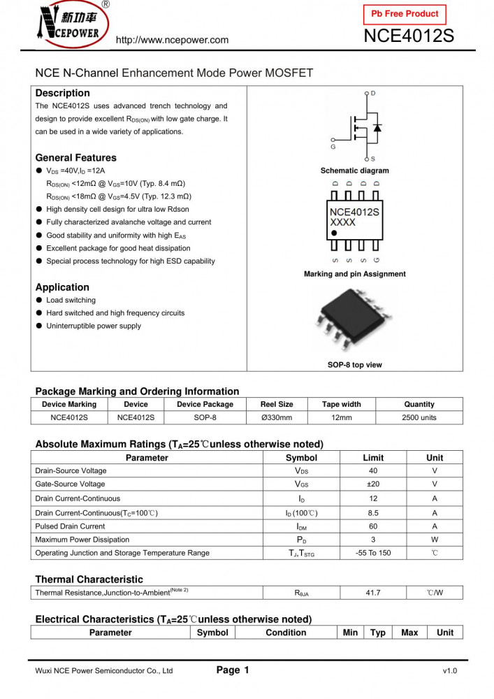 NCE4012S datasheet page 1