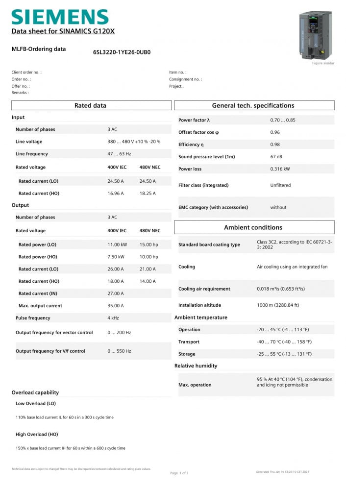 6SL32201YE260UB0 technical document page 1