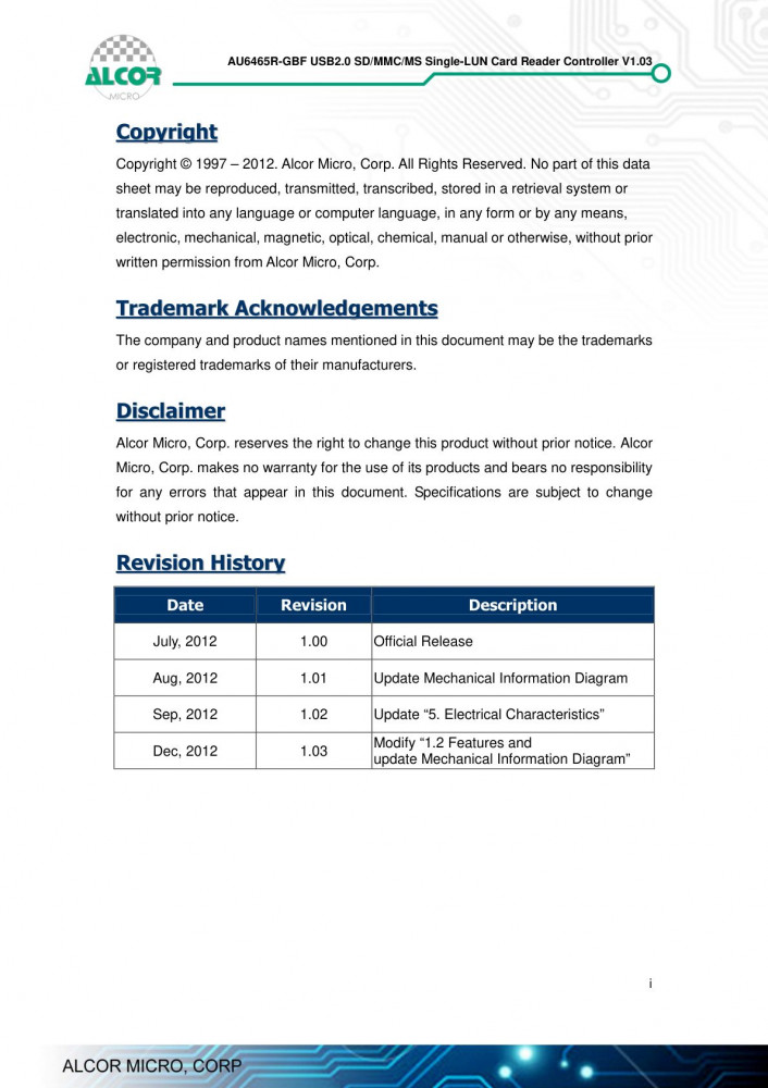 AU6465R technical reference manual page 3