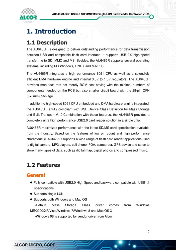 AU6465R technical reference manual page 7