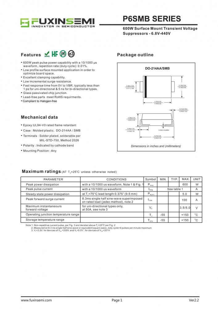 P6SMB36A datasheet page 1