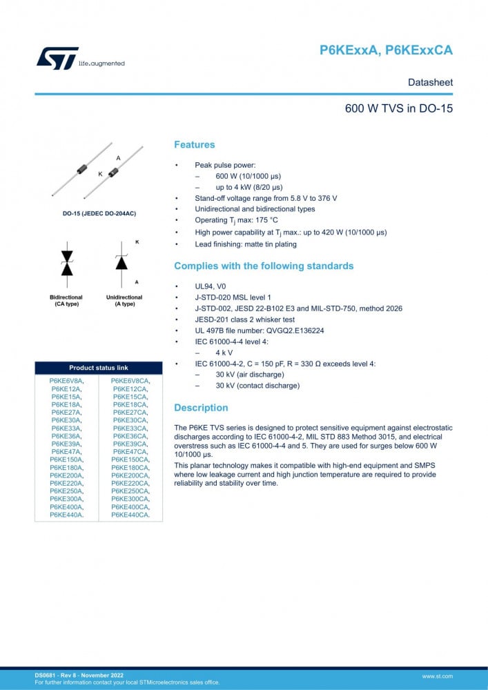 P6KE200A datasheet page 1