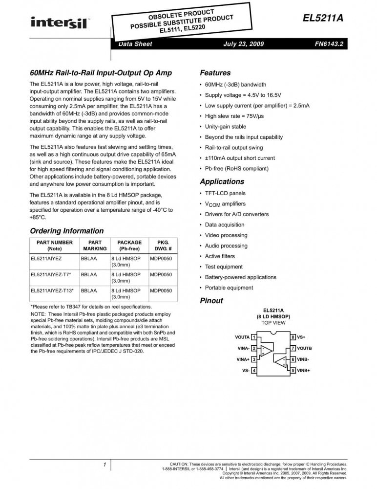 EL5211AIYEZ-T1 datasheet page 1