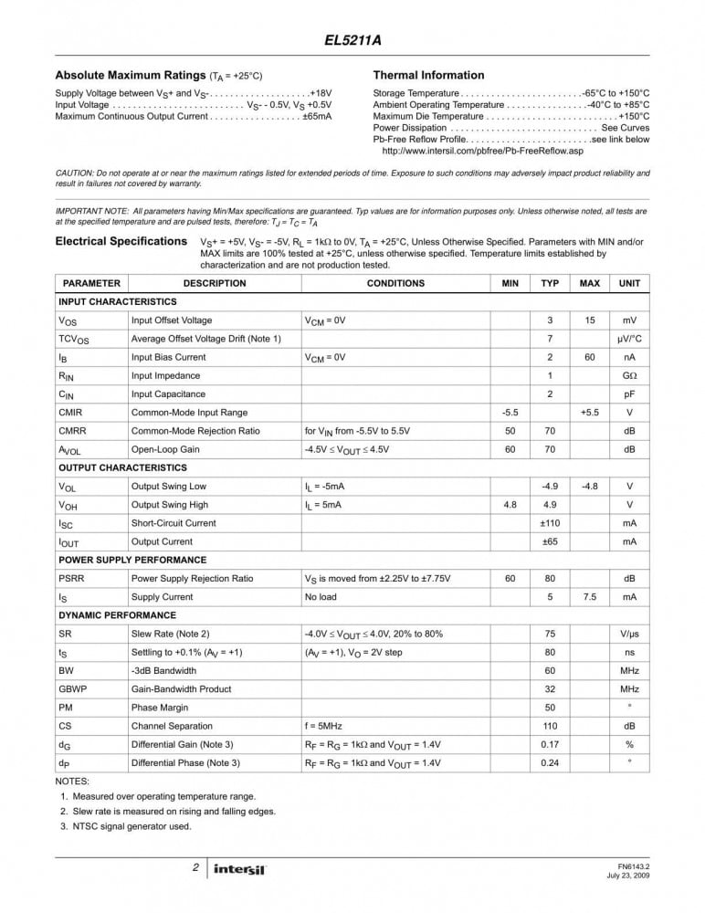 EL5211AIYEZ-T1 datasheet page 2