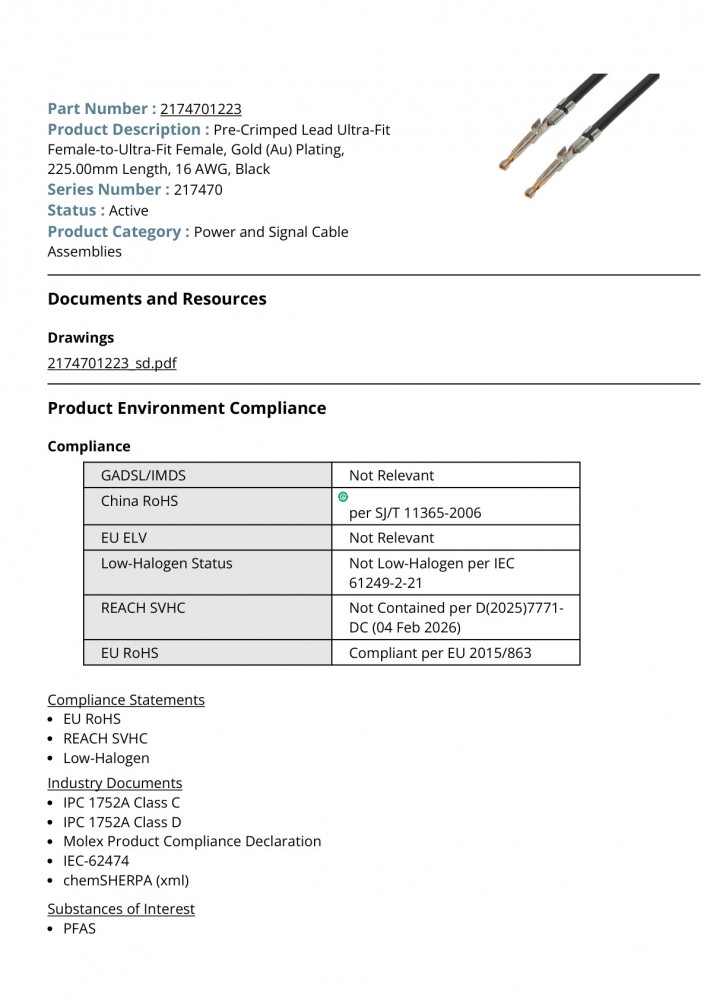 Molex series 217470 product drawing, page 1