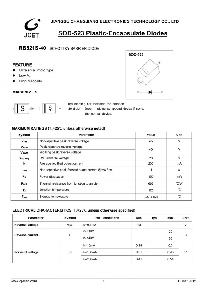 RB521S-40 datasheet page 1