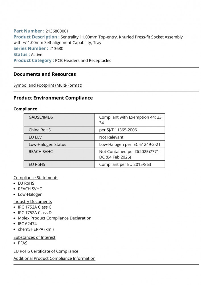 MOLEX 2136800001 product document image 1