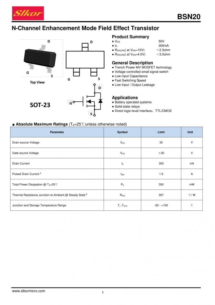BSN20 datasheet page 1