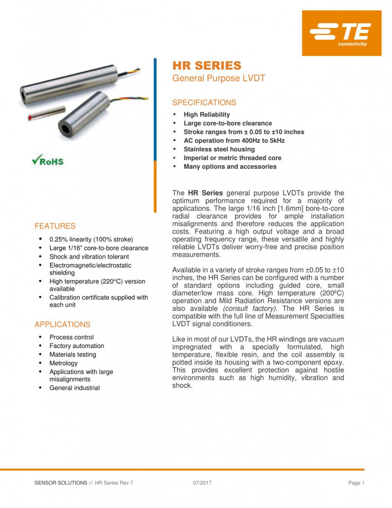 TE Connectivity HR Series LVDT document page 1