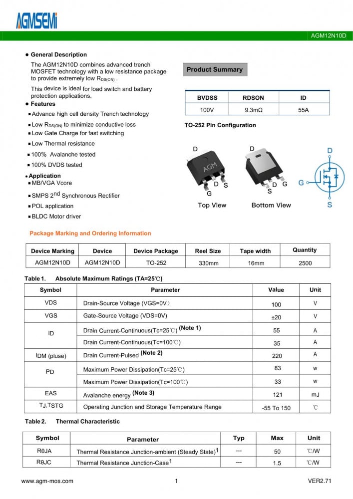 AGM12N10D datasheet page 1