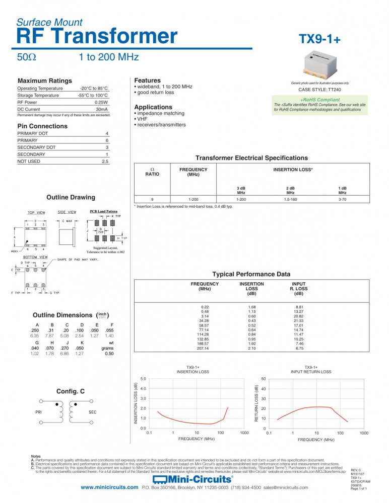 Mini-Circuits TX9-1+ technical datasheet page
