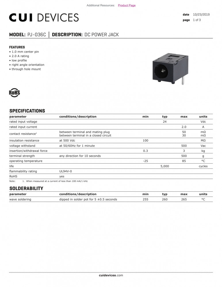 CUI PJ-036C datasheet page 1