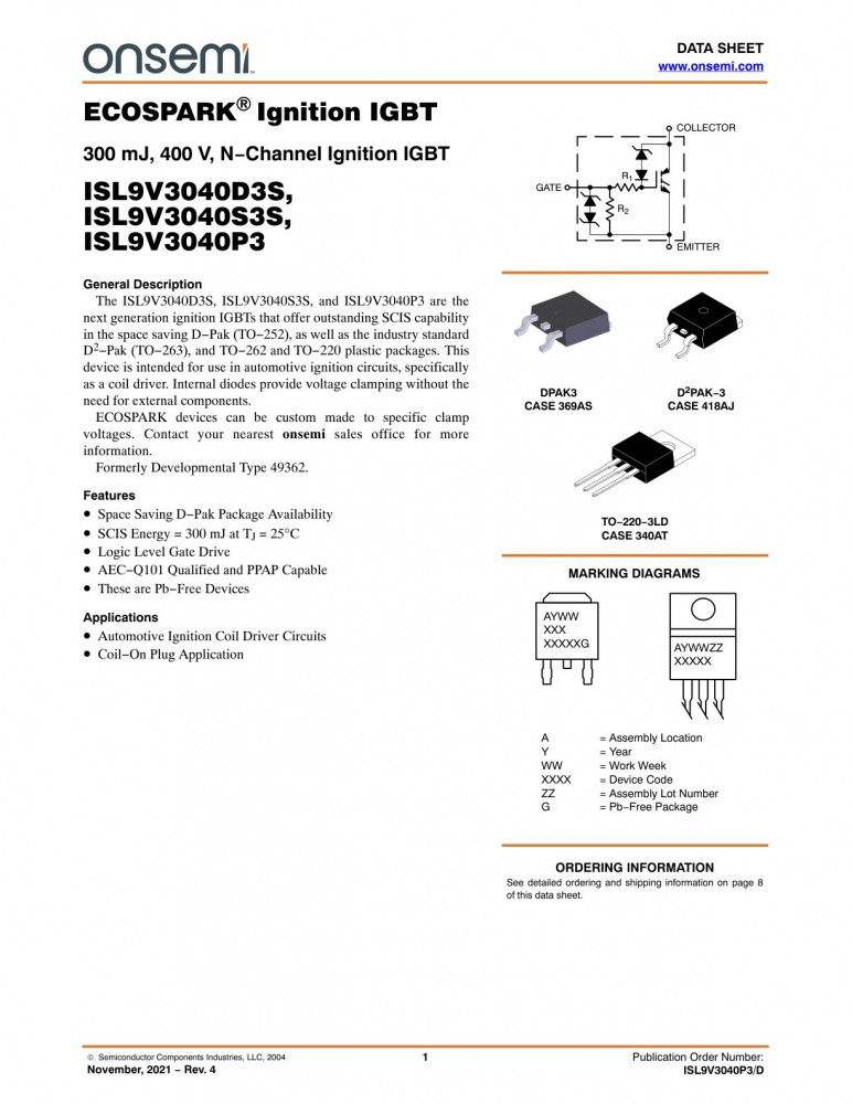 ISL9V3040P3 datasheet page 1