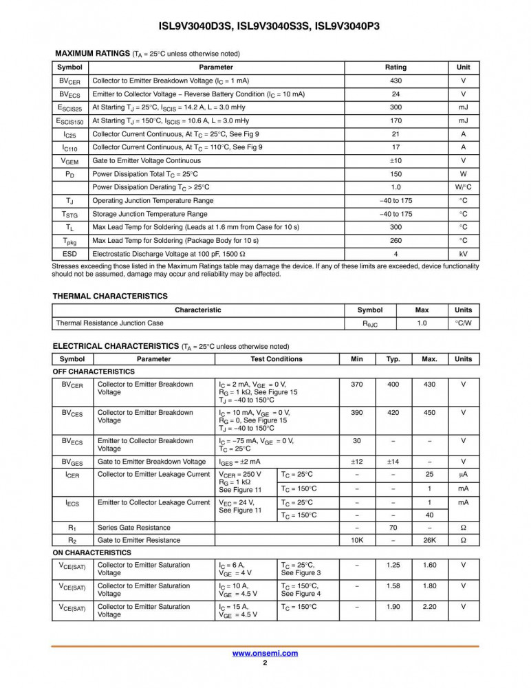 ISL9V3040P3 datasheet page 2