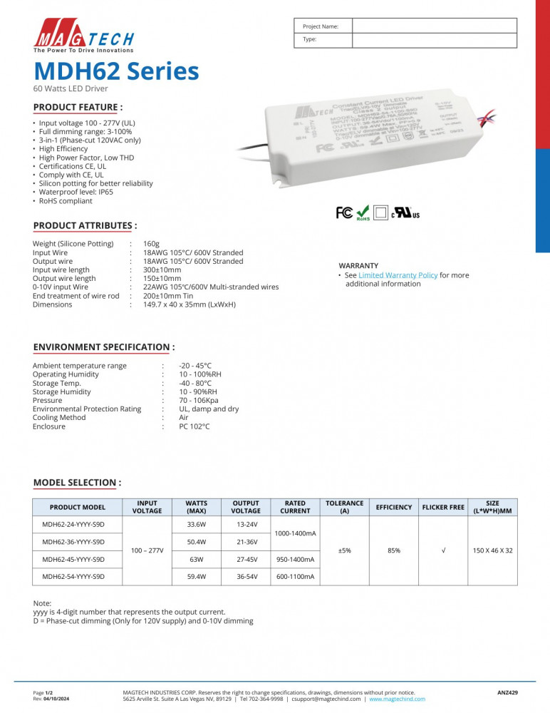 MAGTECH MDH62 Series technical document, page 1