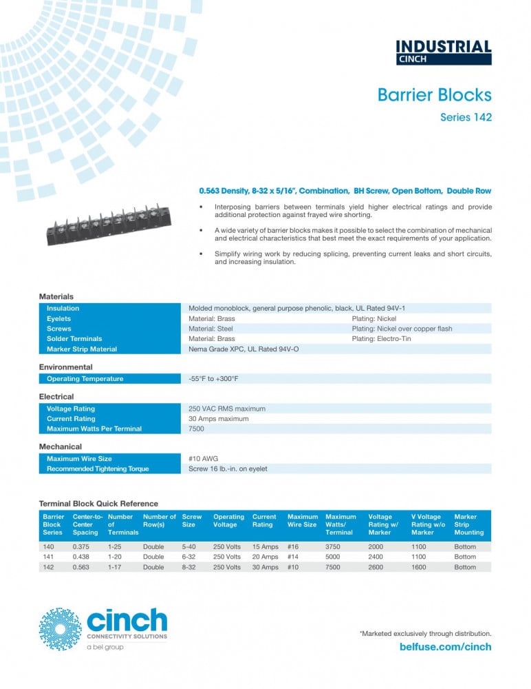 CINCH Series 142 barrier block specification page 1