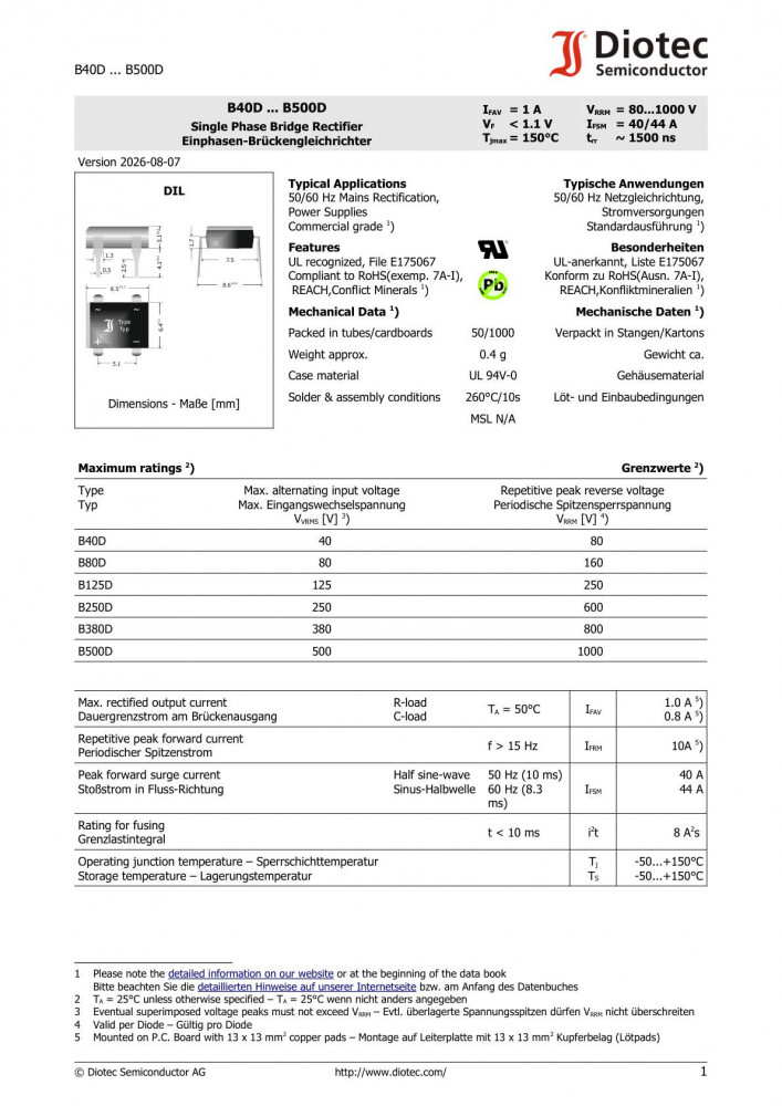 DIOTEC B40D datasheet page image 1