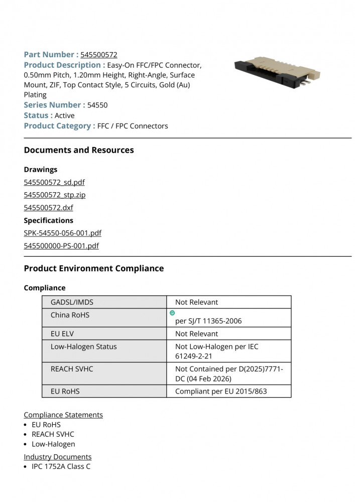 MOLEX 545500572 technical drawing preview, page 1
