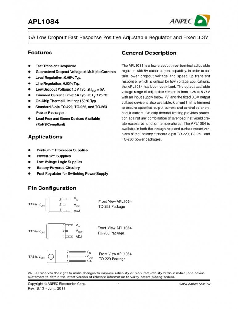 APL1084 datasheet page 1