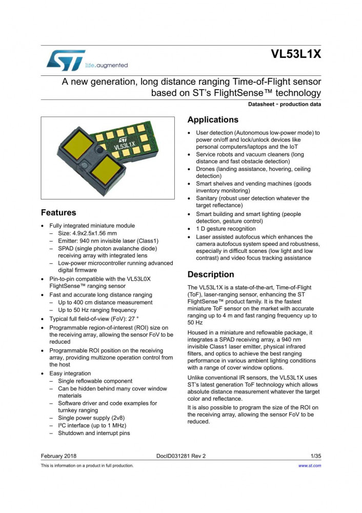 VL53L1CXV0FY/1 datasheet page 1