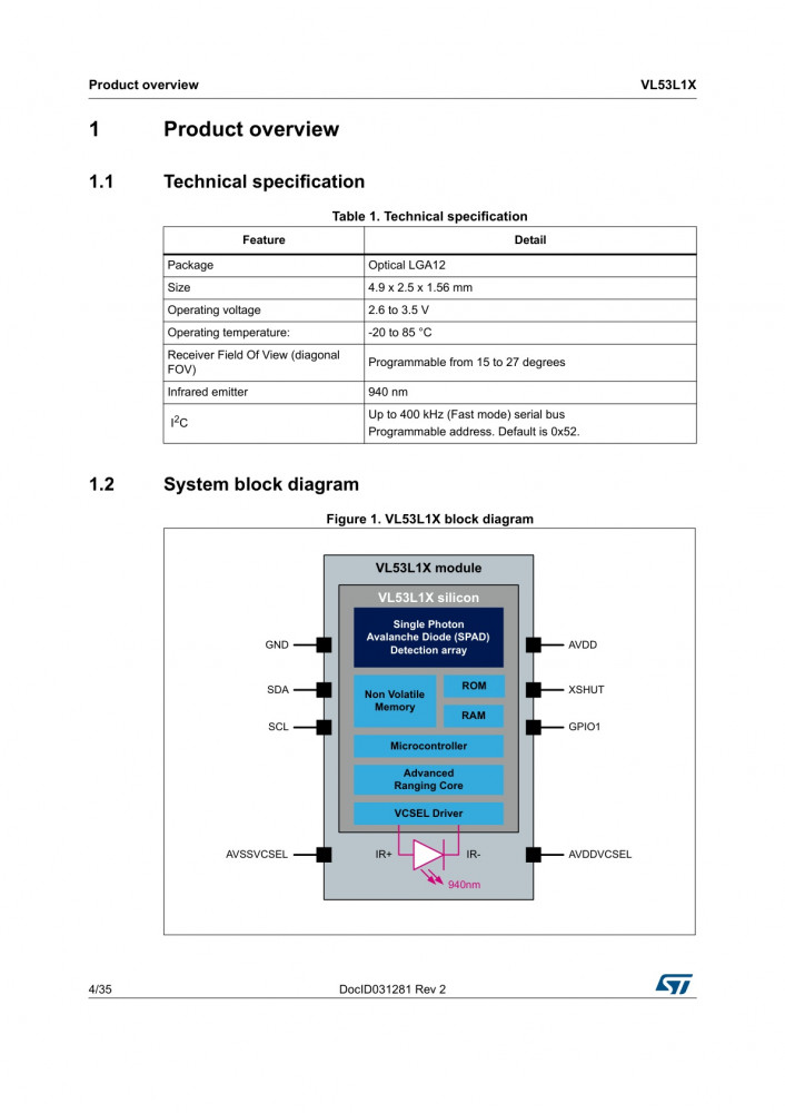 VL53L1CXV0FY/1 datasheet page 4