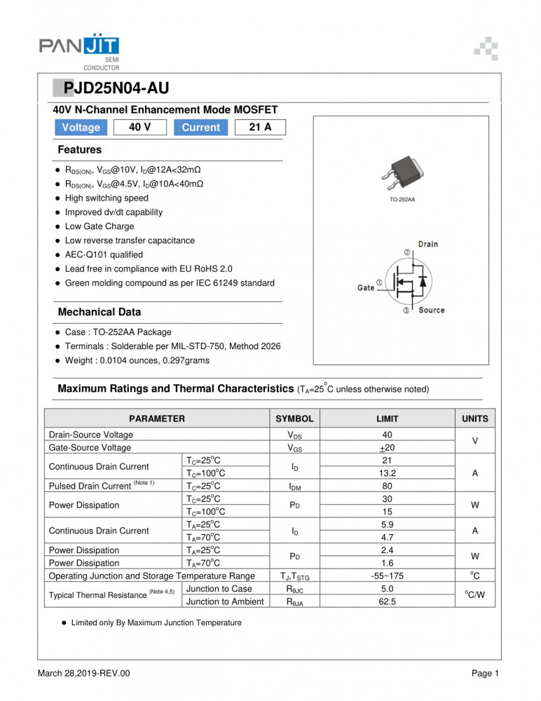 PJD25N04-AU datasheet page 1