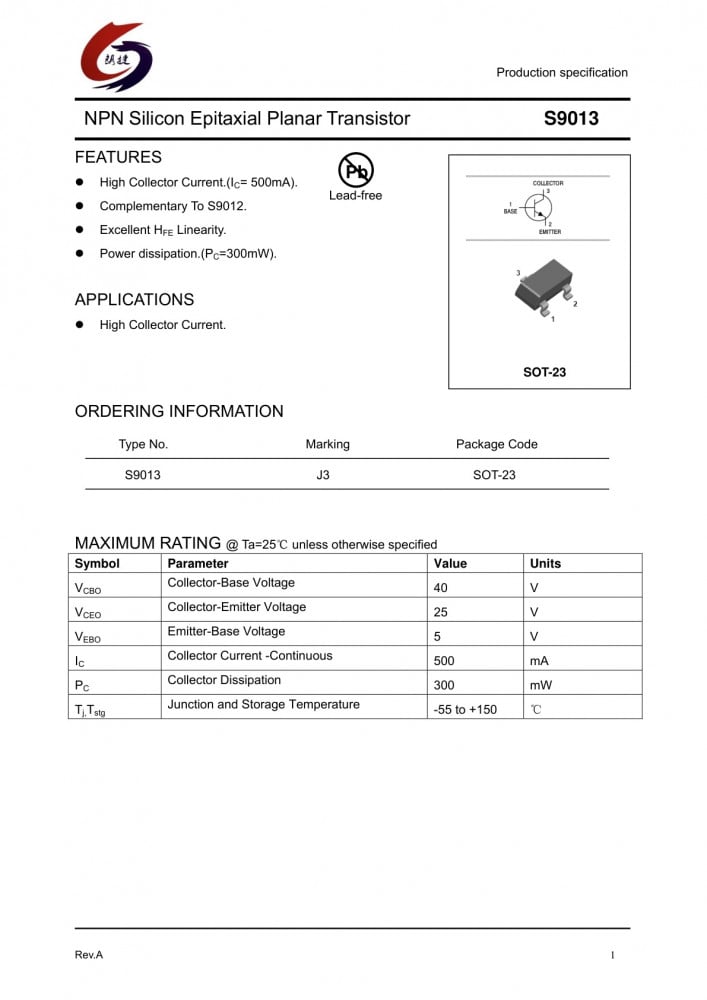 S9013 datasheet page 1