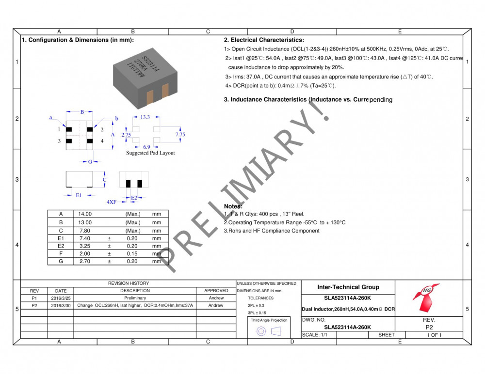 SLA523114A-260K product drawing and electrical specification document