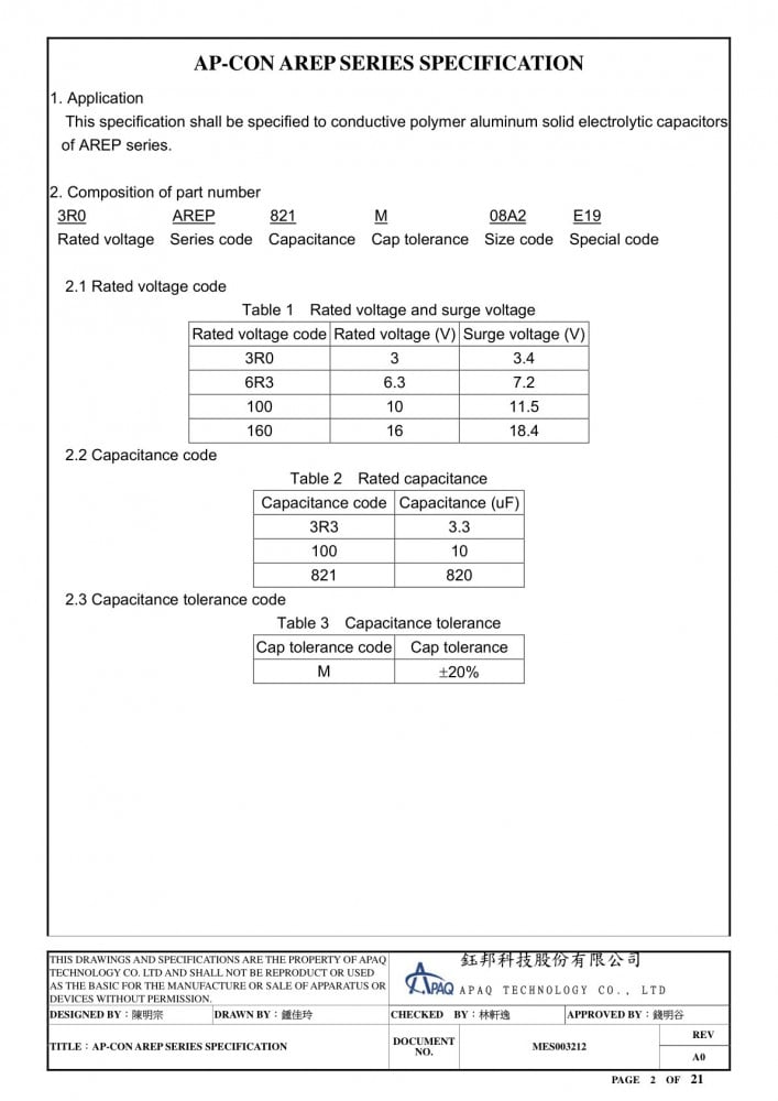 APAQ AREP series specification page 2