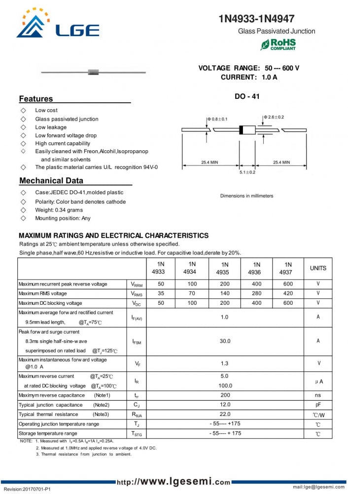 LGE 1N4937 datasheet page 1