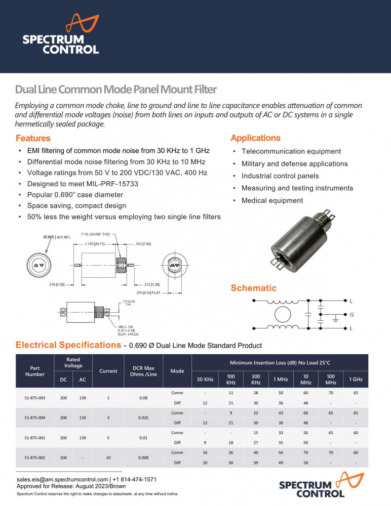 Spectrum Control dual-line common-mode panel-mount filter product document preview