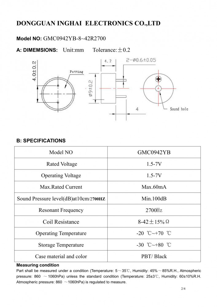 GMC0942YB-42R2700 dimensions and electrical specifications