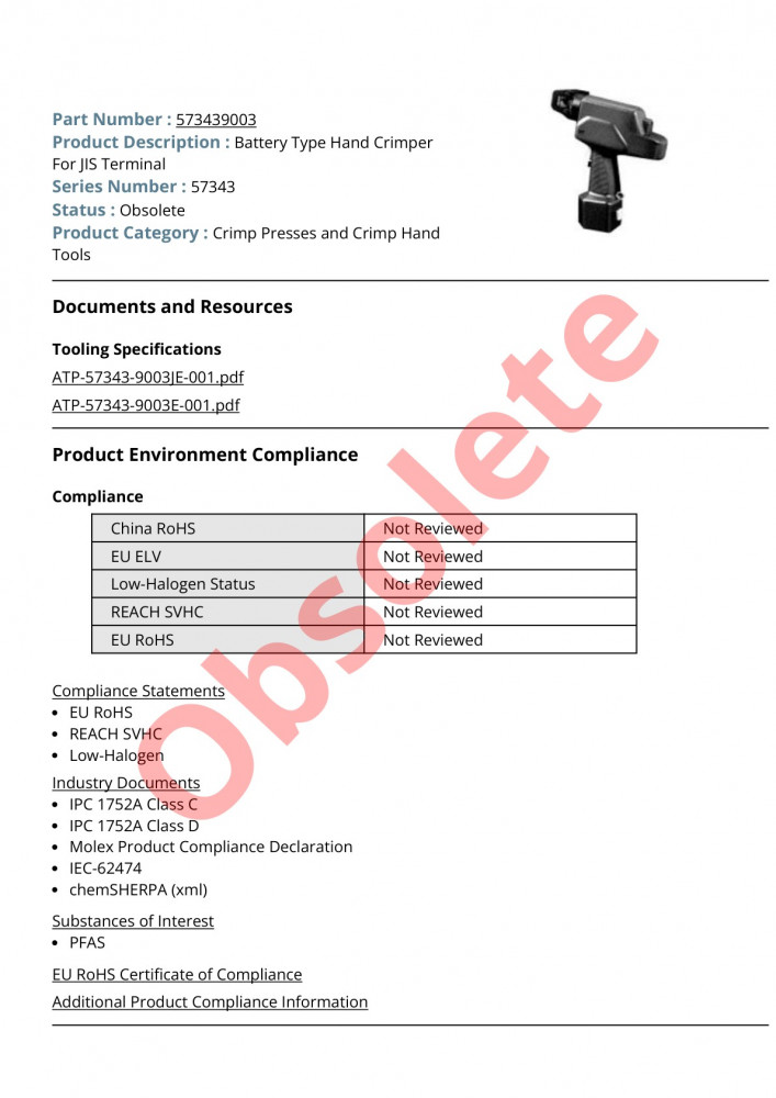 MOLEX 573439003 tooling document preview, page 1
