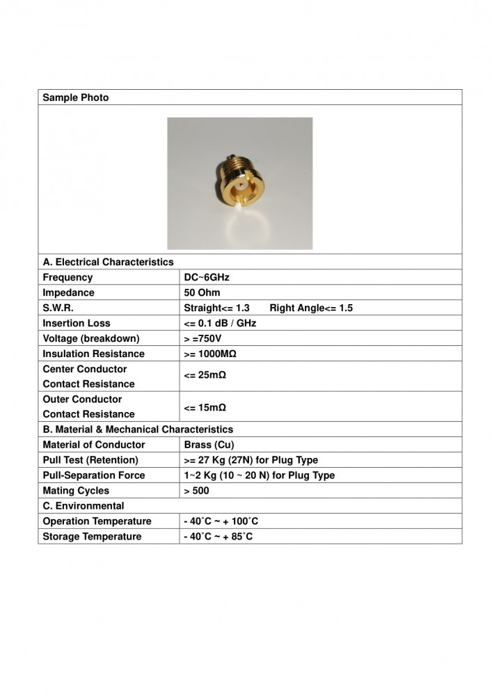 KH-MCX-KYD40 electrical, mechanical and environmental specifications