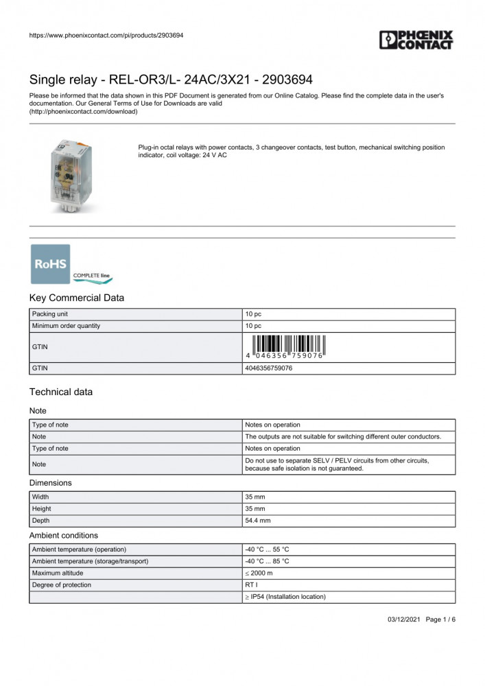 Phoenix Contact 2903694 product documentation page 1