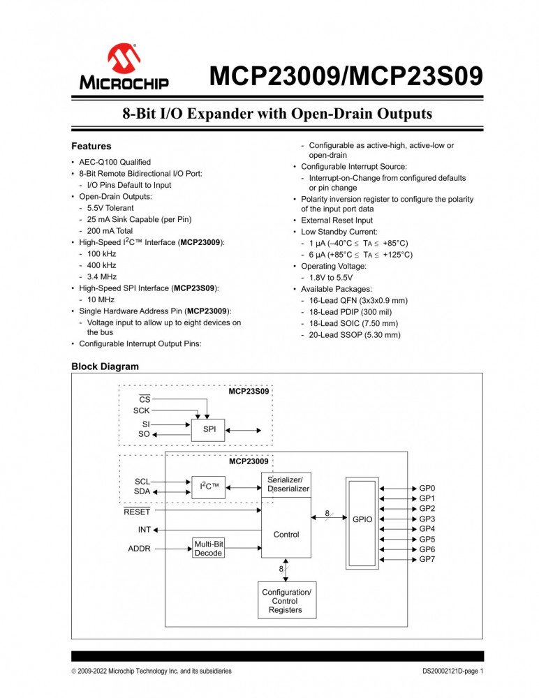MCP23S09 document preview, page 1