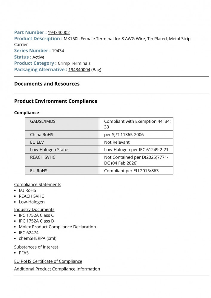 MOLEX 194340002 technical document page 1